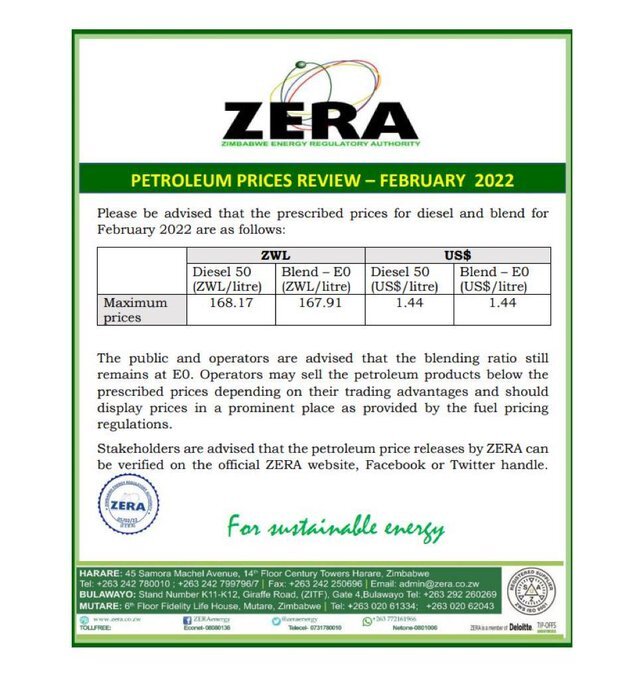 Zera announces fuel price increase – Nehanda Radio